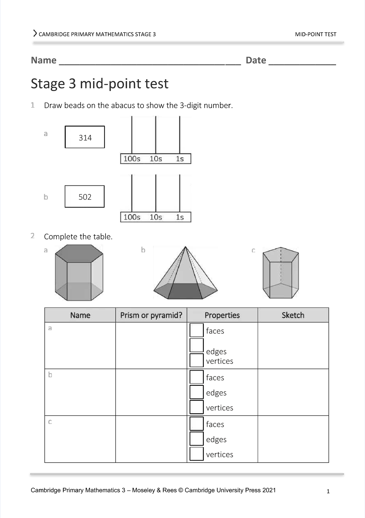 CAMBRIDGE PRIMARY MATHEMATICS STAGE 3 MIDPOINT TEST 2021 - Studocu