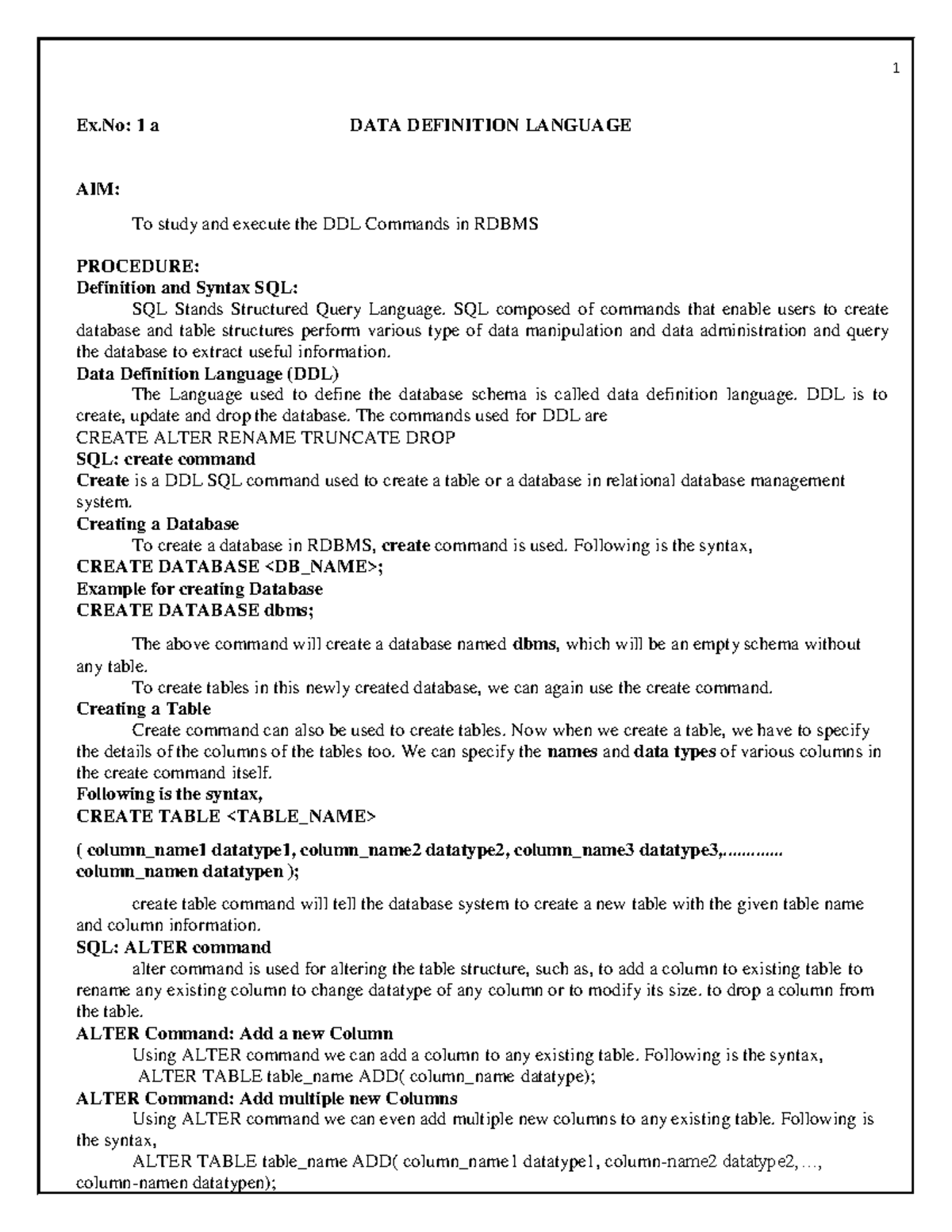 Database Management Systems (DBMS) & Security Lab manual: DDL, DML ...