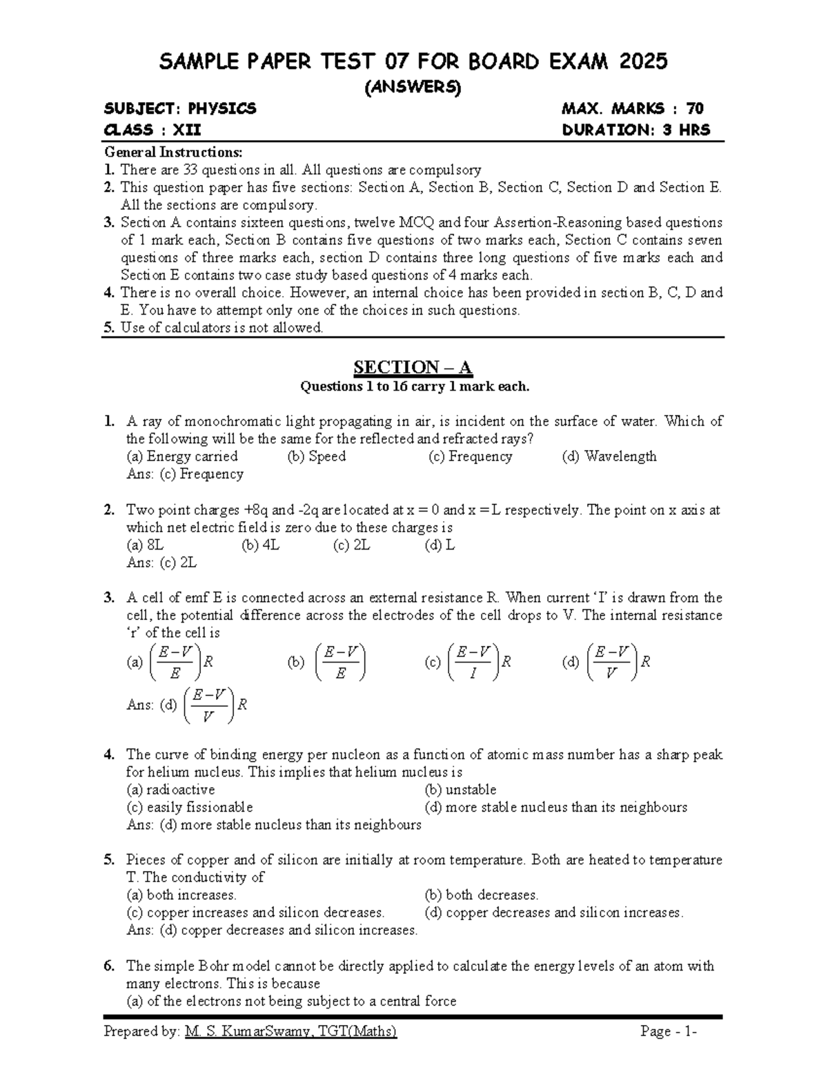 Physics Class XII Sample Paper Test 07 for Board Exam 2025 (With ...