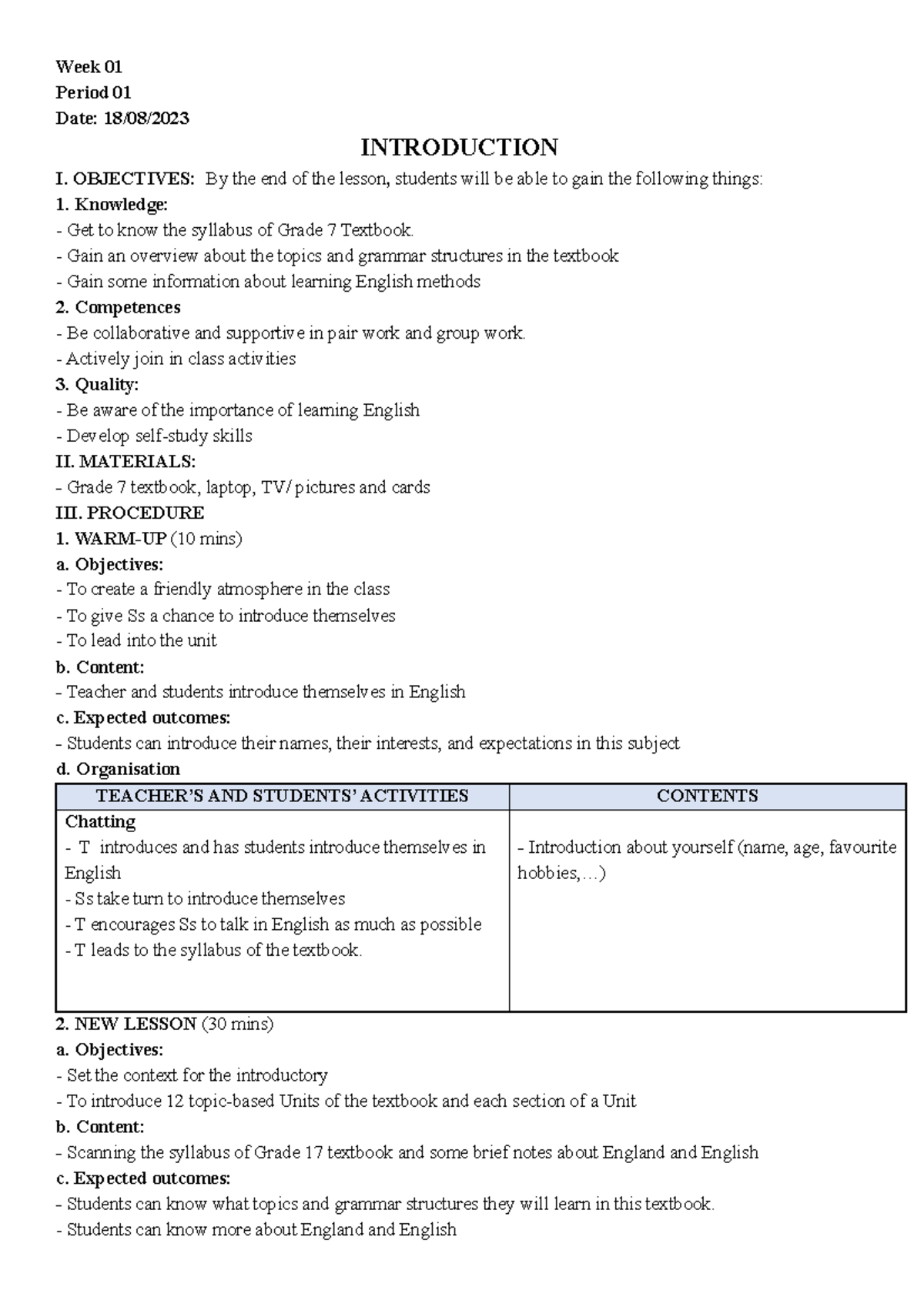WEEK 1-K7 - Lesson Plan Overview for English 7: Introduction & Hobbies ...