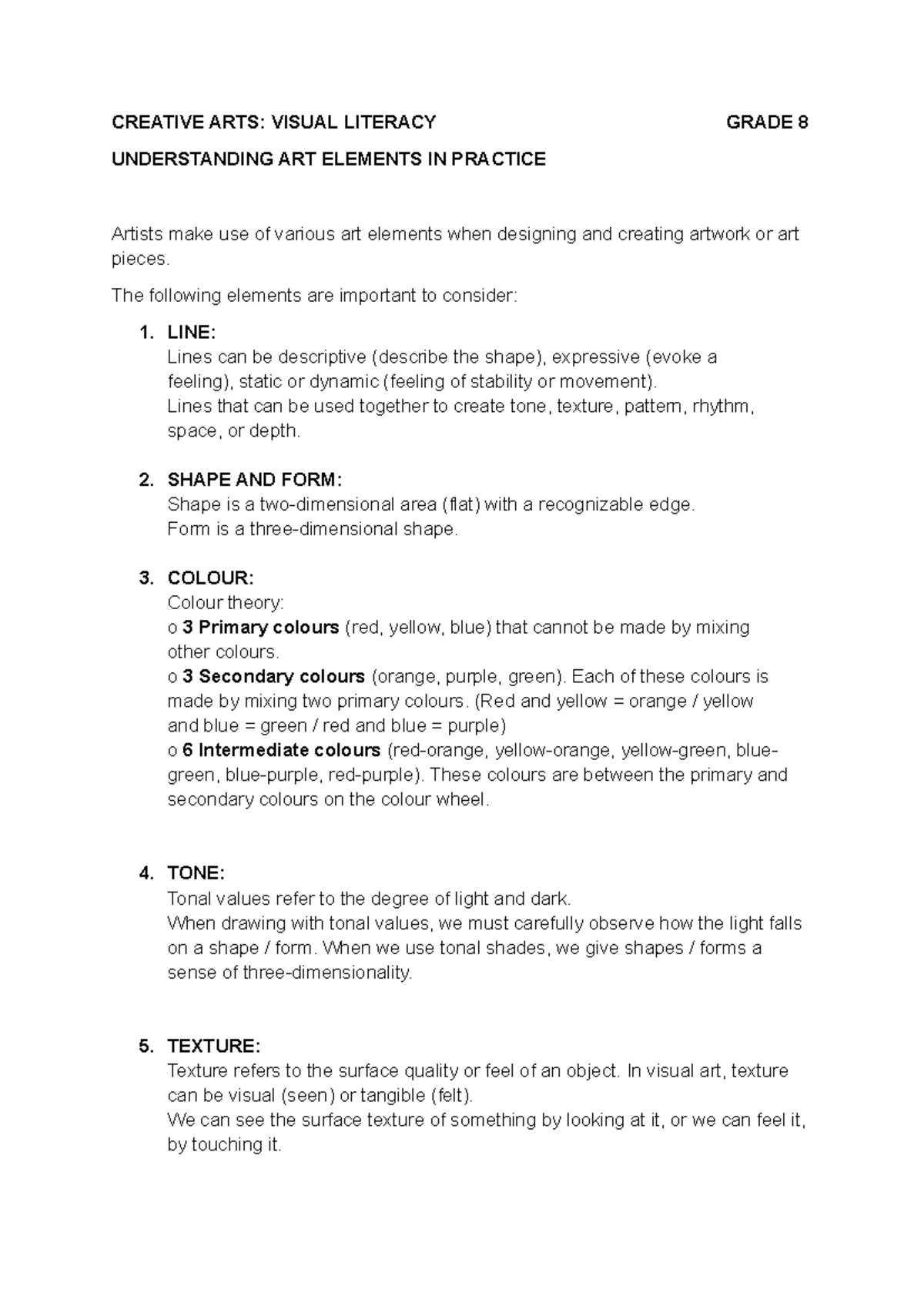 Creative Arts - Grade 8 Art Elements Overview and Analysis - Studocu