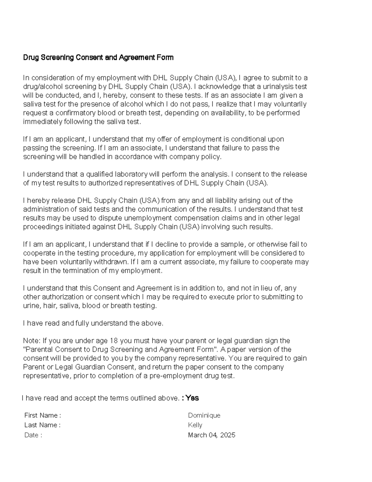 DHL Supply Chain (USA) Drug Screening Consent Form - Studocu