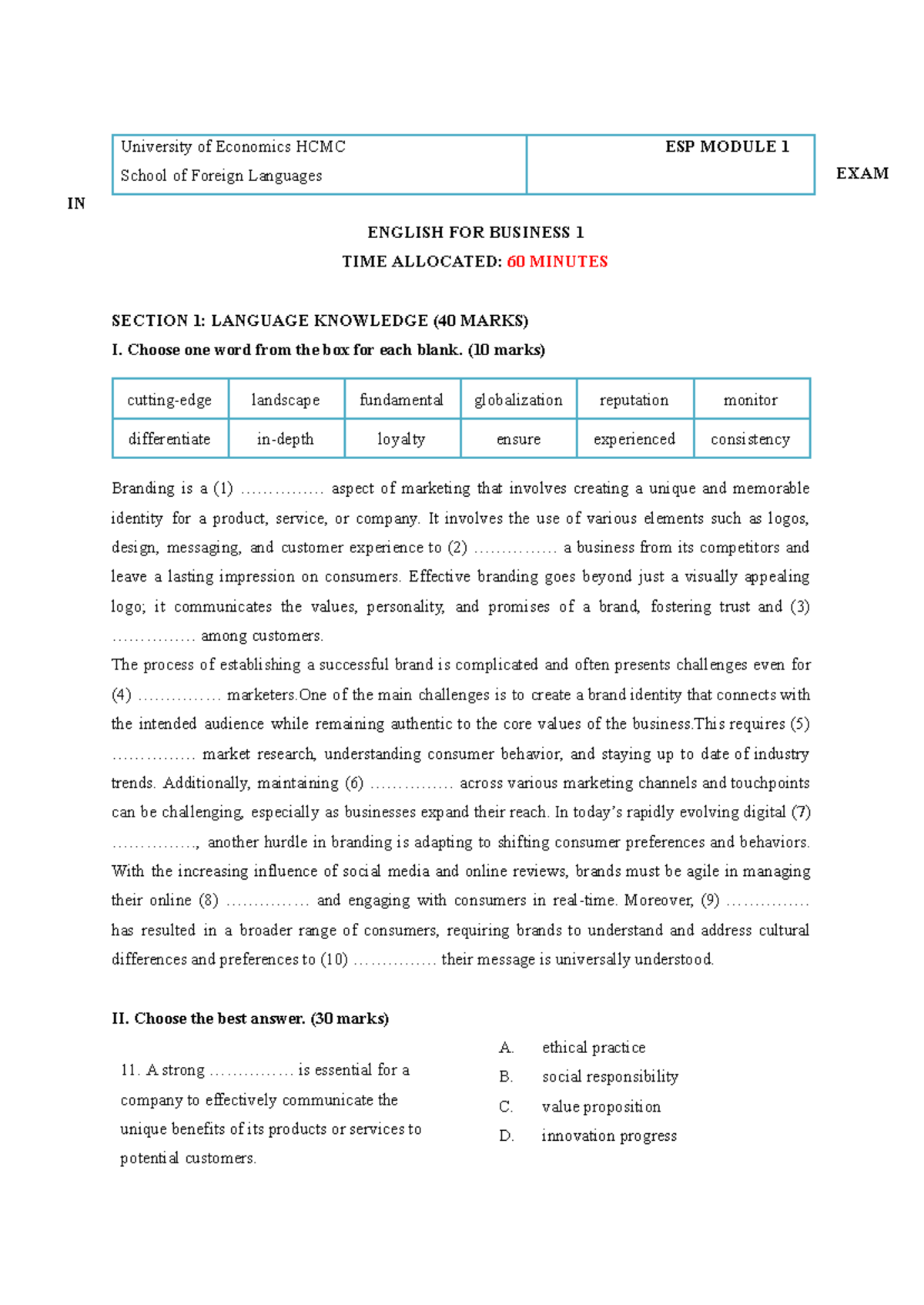 ESP1 - English for Business Module 1 Exam Sample Test - Studocu