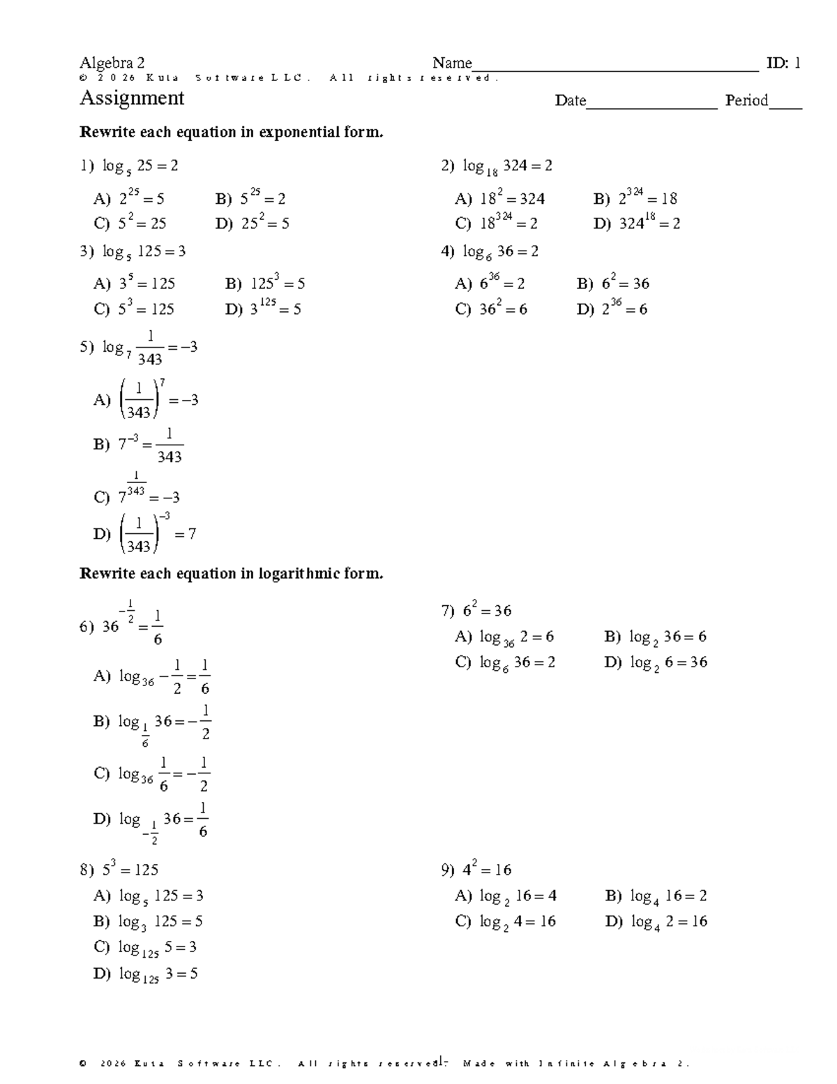Algebra 2 Logs Practice 1: Exponential and Logarithmic Forms - Studocu