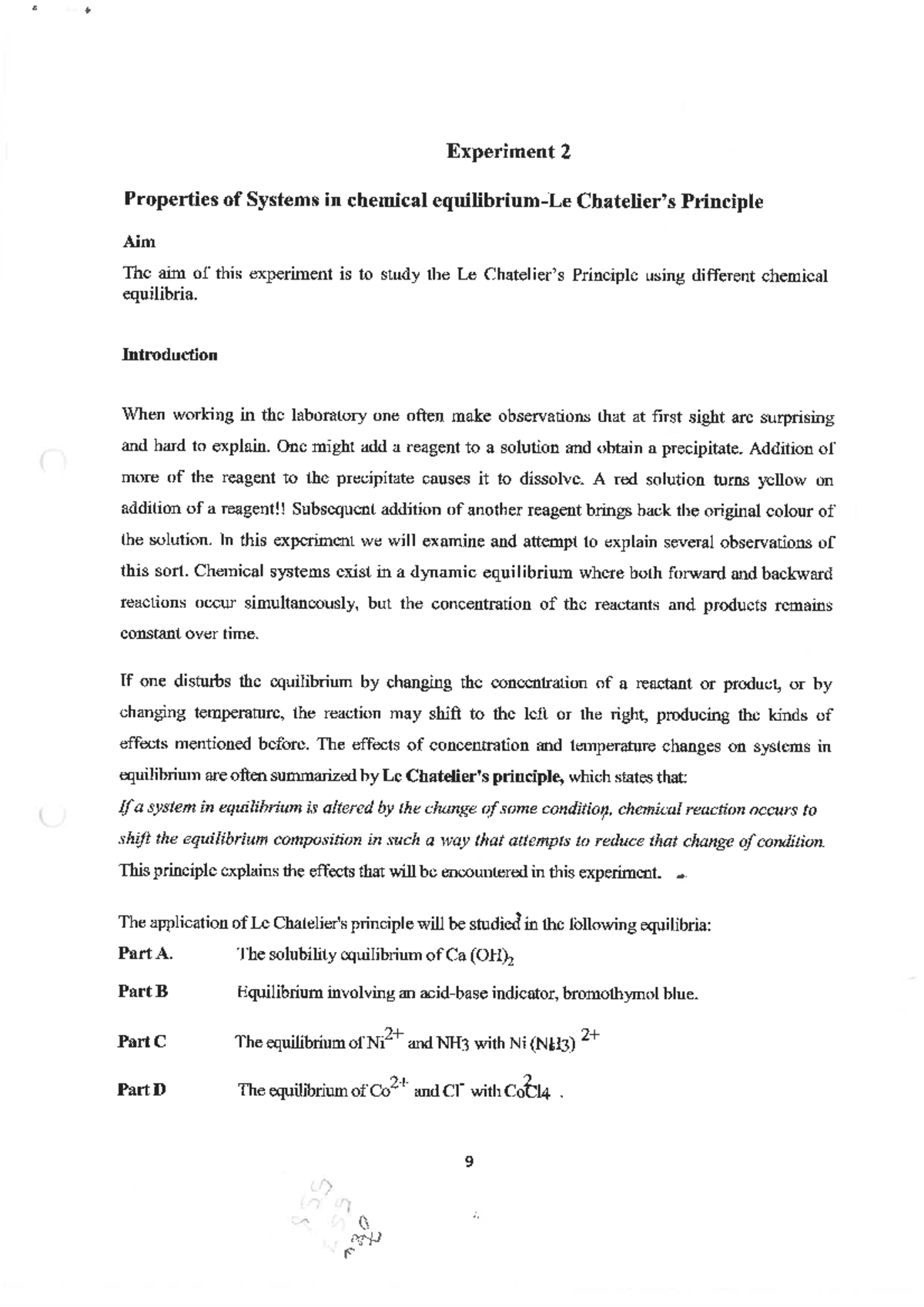 Experiment Handout: Chemical Equilibria & Le Chatelier's Principle ...