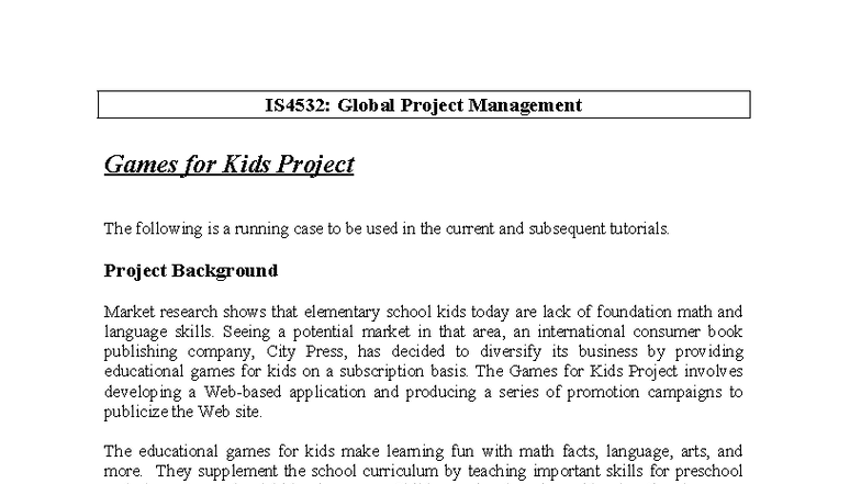 IS4532: Case Study on Global Project Management for Kids' Games - Studocu