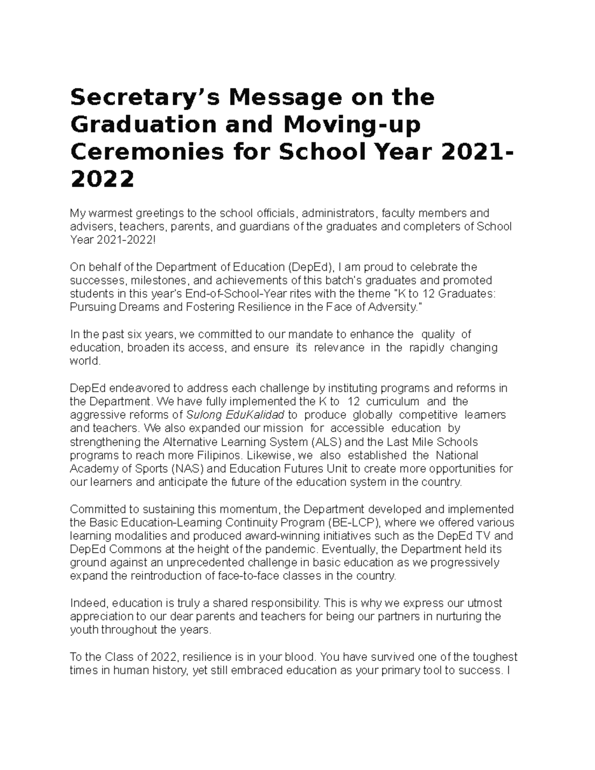Message from the Secretary for Grad 2022 Ceremonies - Studocu