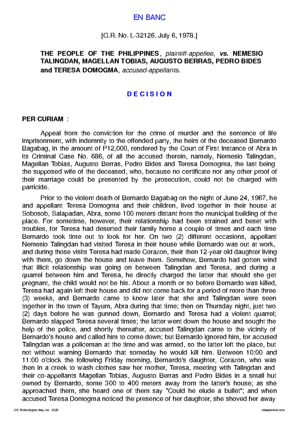 EN BANC No. July 6, 1967: People v. Talingdan et al. - Murder Decision ...