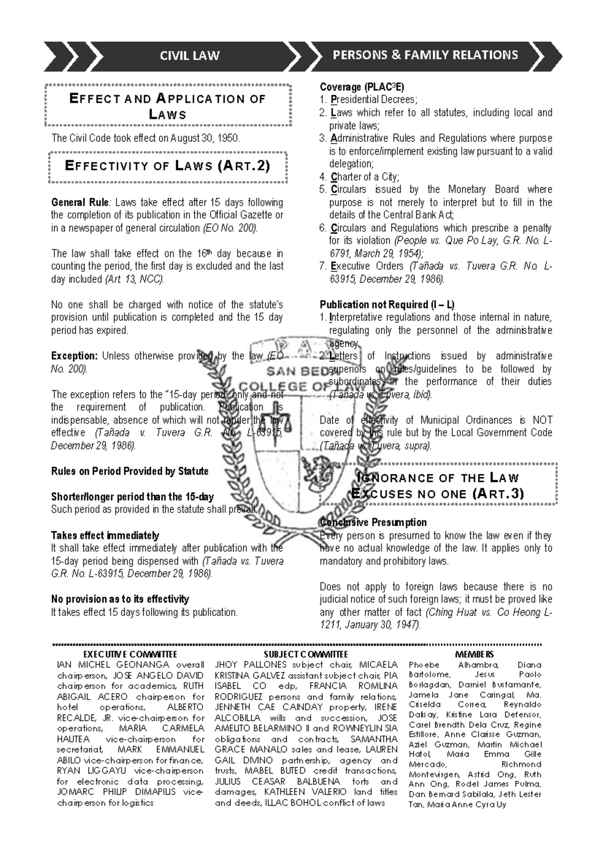 CIVIL LAW (CIVIL 101) - Effectivity and Application of Laws - Studocu