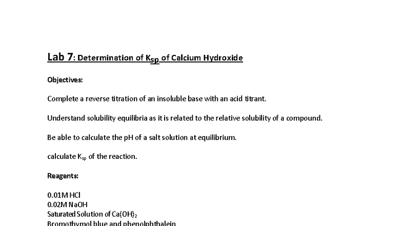 Lab 7: Ksp Determination of Calcium Hydroxide via Titration - Studocu