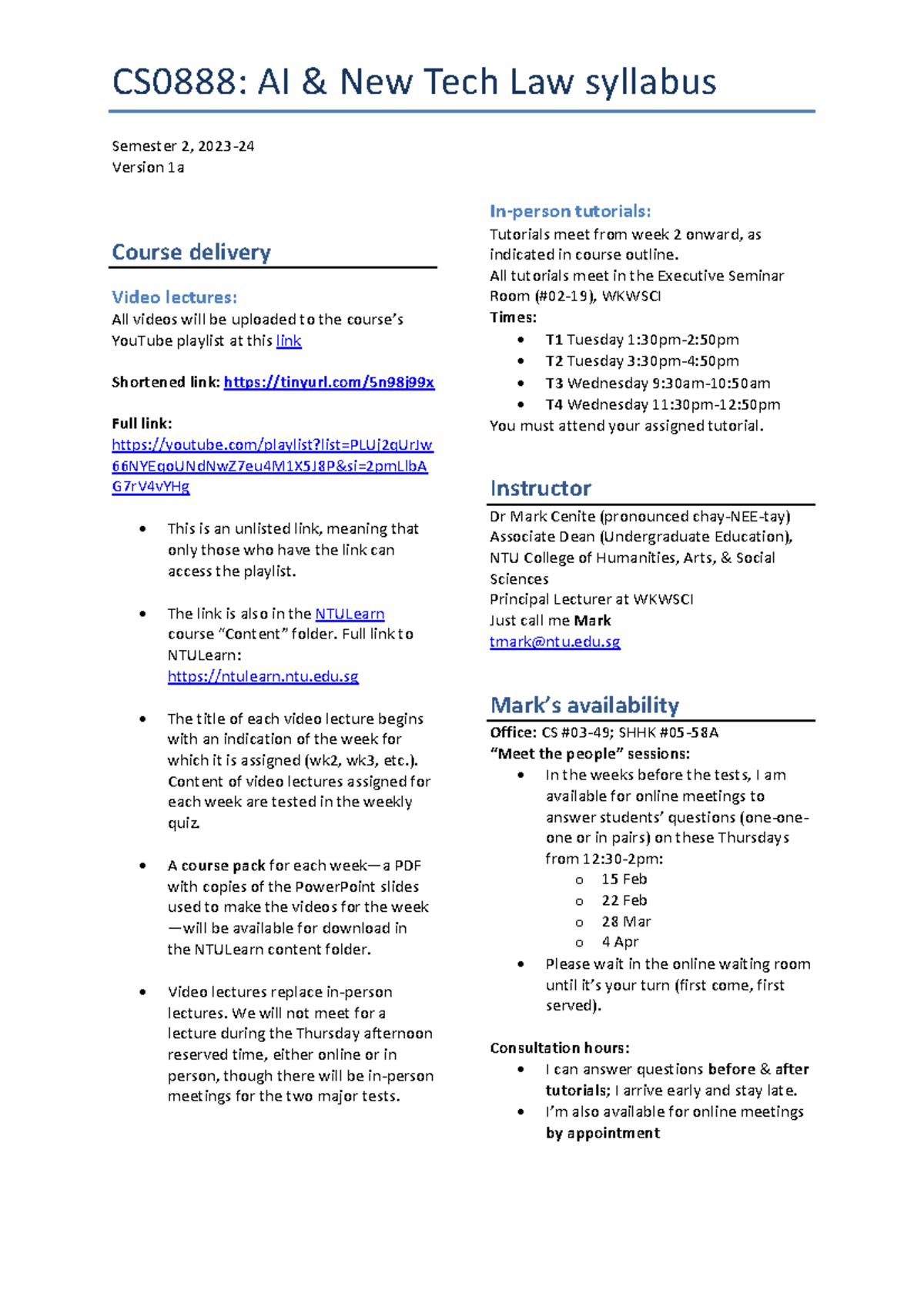 CS0 888 Syllabus for AI & New Tech Law - Semester 2, 2023-24 - Studocu
