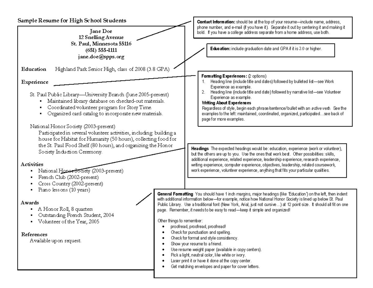 Writing a Resume: Tips for High School Students (Sample) - Studocu