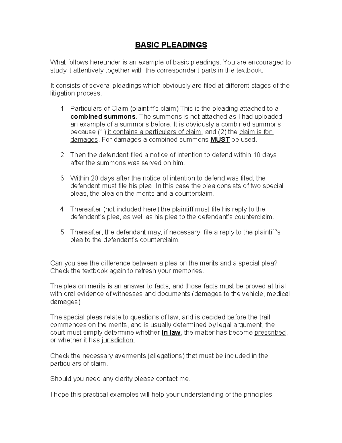 Pleading Essentials: Claims, Pleas & Counterclaims (LAW 101) - Studocu