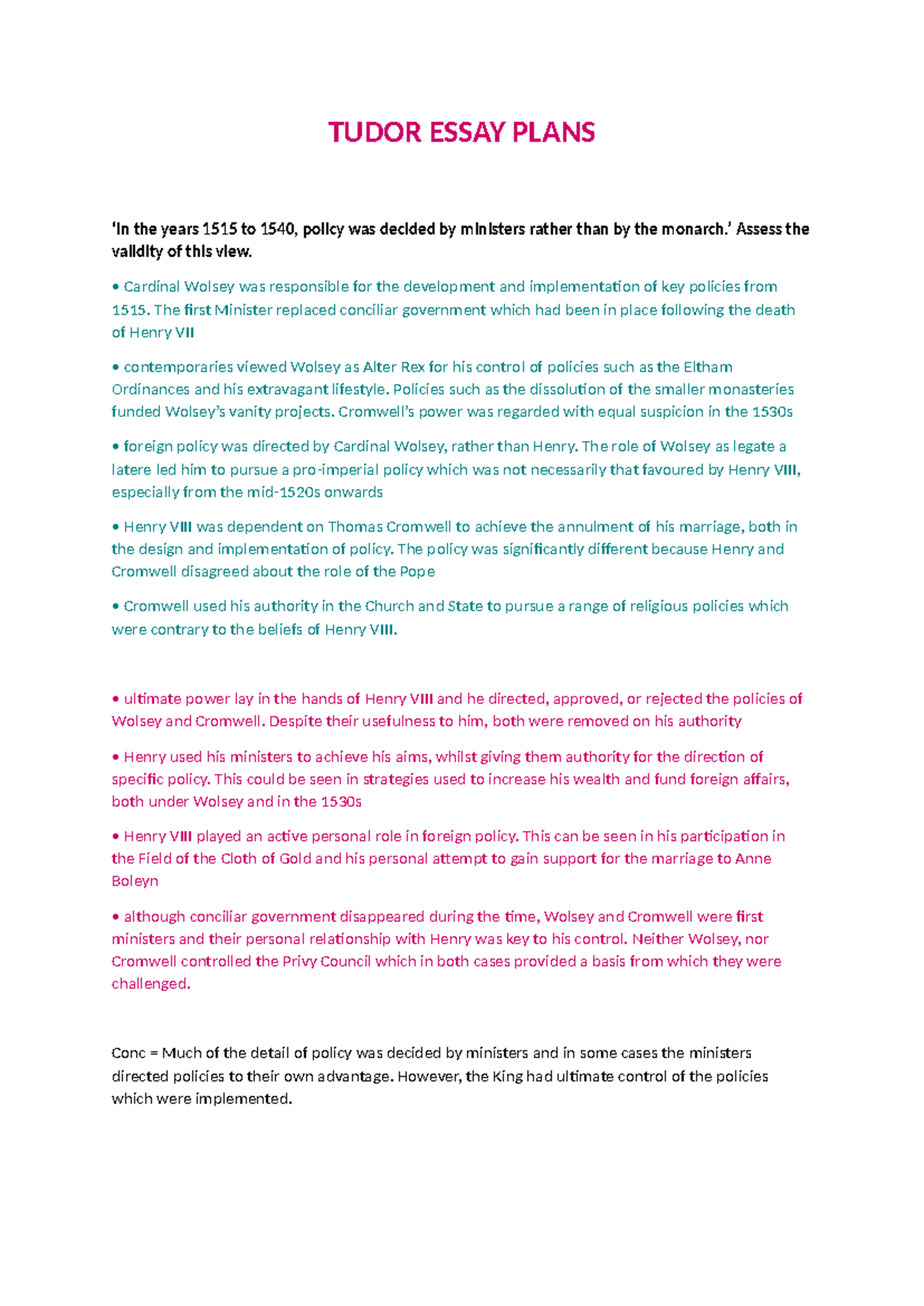 TUDOR ESSAY PLANS: Key Topics from 1509 to 1571 Examined - Studocu