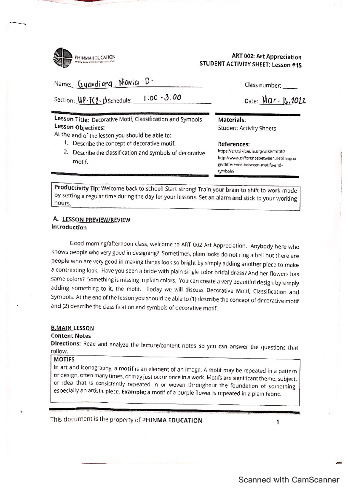 ART 002: Student Activity Sheet on Decorative Motifs & Symbols - Studocu