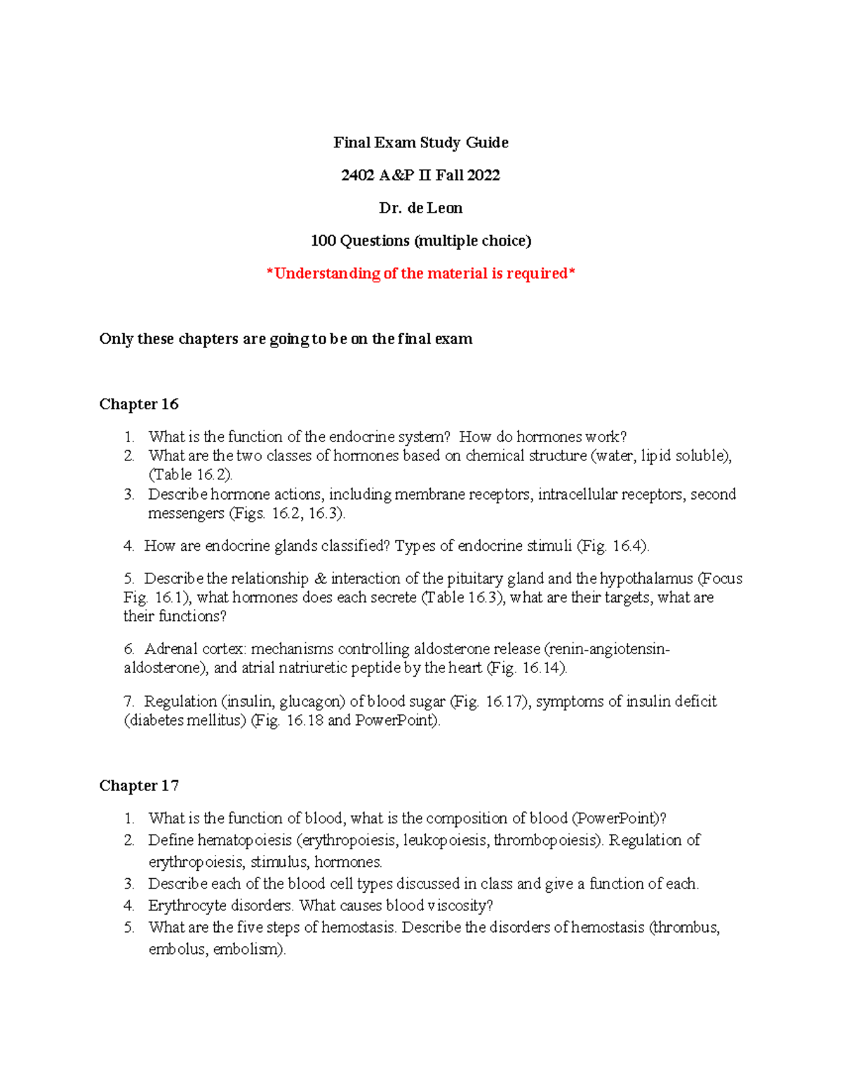 A&P II Final Exam Study Guide 2402 - Fall 2022 (100 Questions) - Studocu