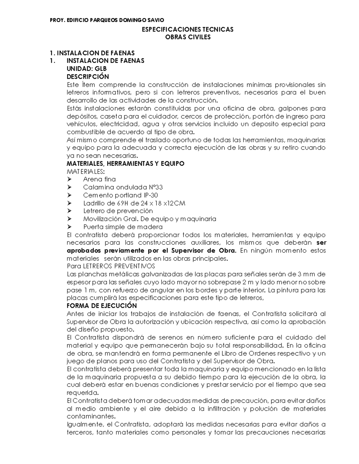 Especificaciones Técnicas para el Proyecto de Edificio Parqueos - OBRAS ...