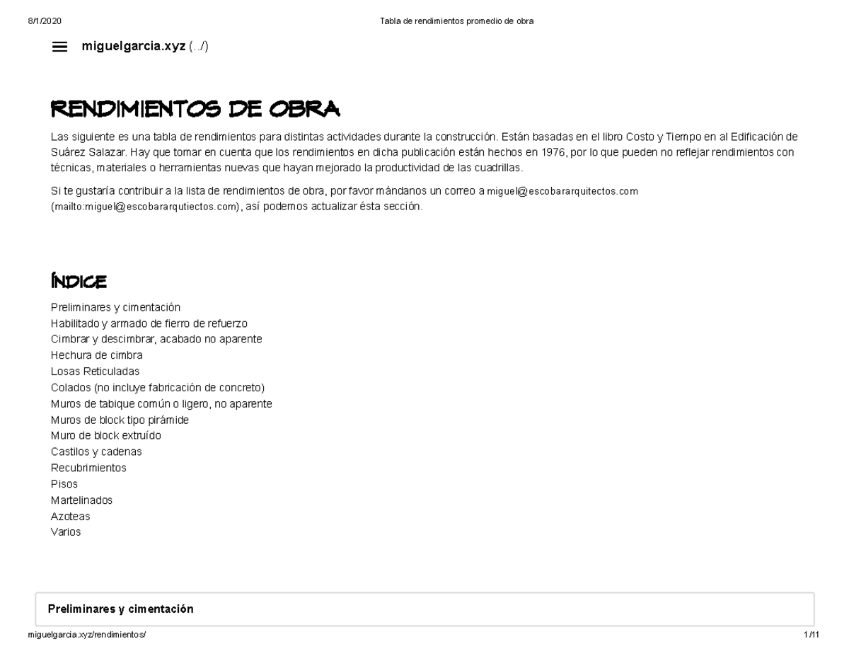 Tabla de Rendimientos Promedio de Obra - 8/1/2020 - Studocu