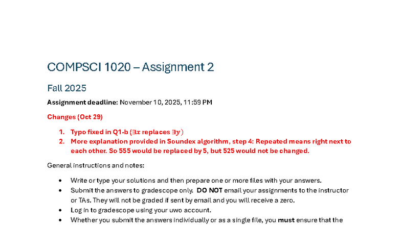 COMPSCI 1020 Assignment 2 Guidelines and Updates for Fall 2025 - Studocu