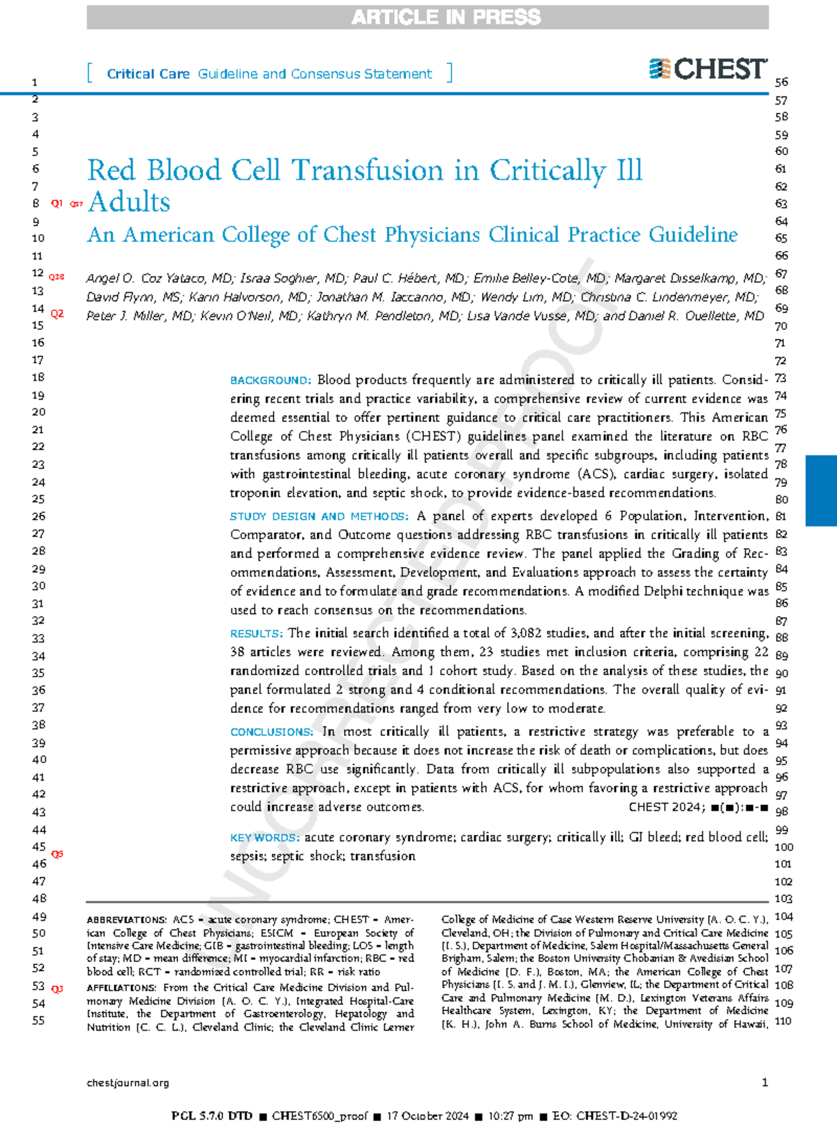 RBC Transfusion Guidelines for Critically Ill Adults: CHEST 2024 - Studocu