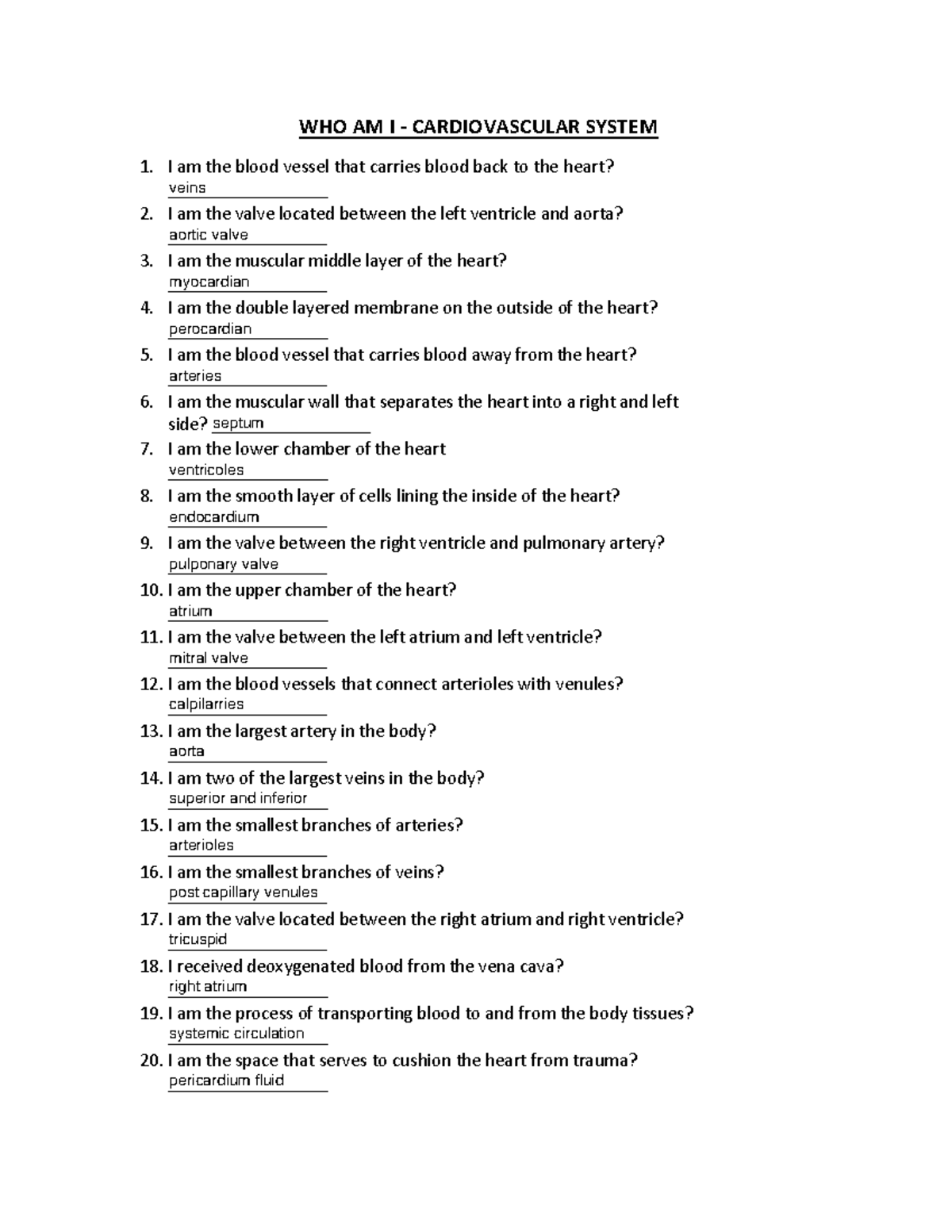 Cardiovascular System Quiz - WHO AM I? (Study Guide) - Studocu