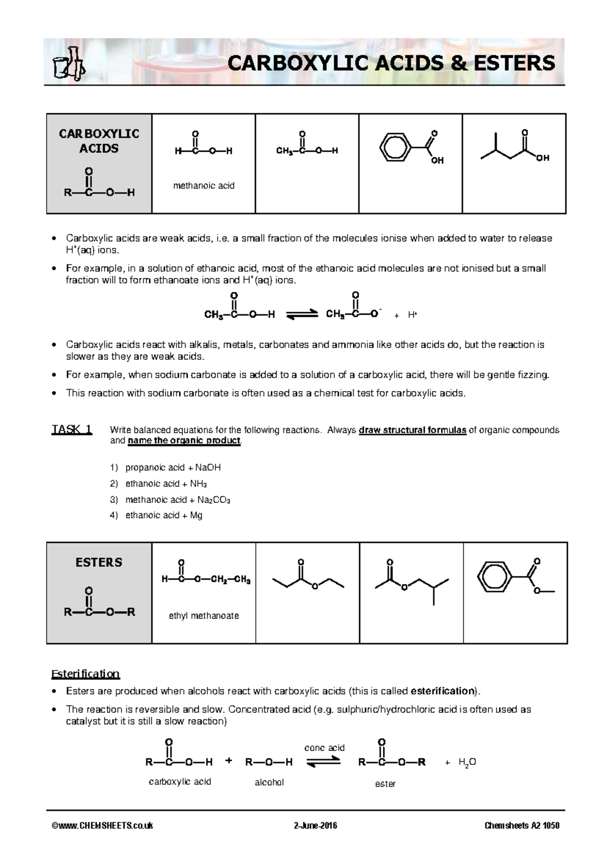 Chemsheets A2 1050: Carboxylic Acids & Esters Overview - Studocu