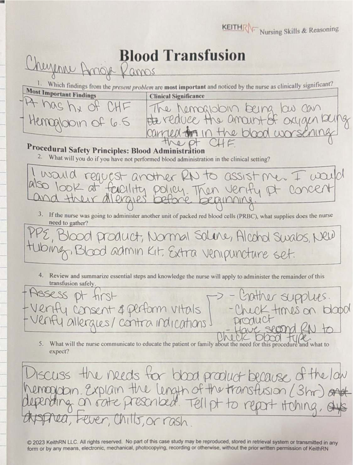 KEITH Nursing Skills Reasoning: Blood Transfusion Case Study - Studocu