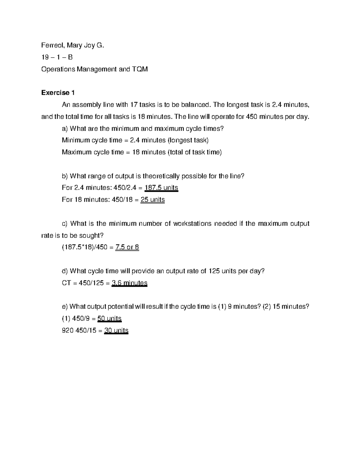 Process Selection and Facility Layout activity Operations Management and TQM - Ferreol, Mary Joy ...