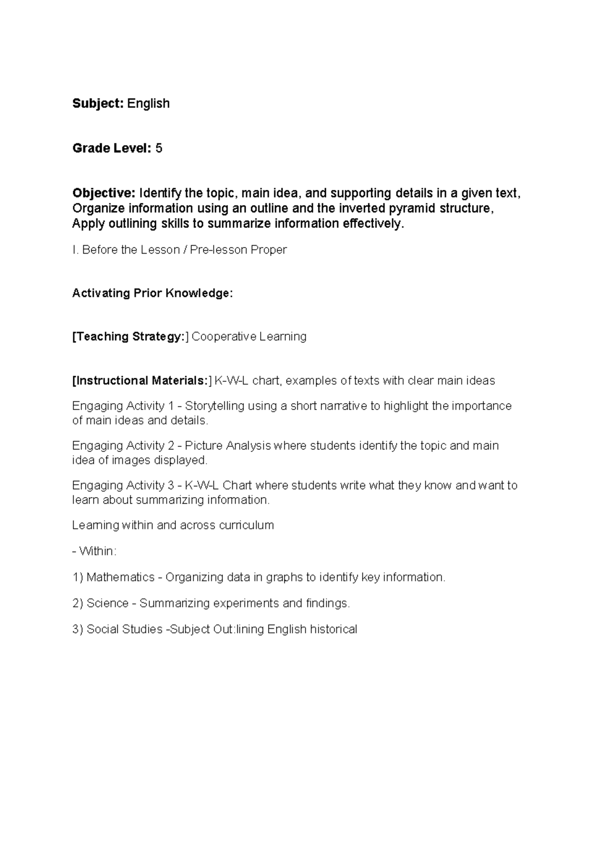 Lesson Plan for 5th Grade English: Summarizing Skills Development - Studocu