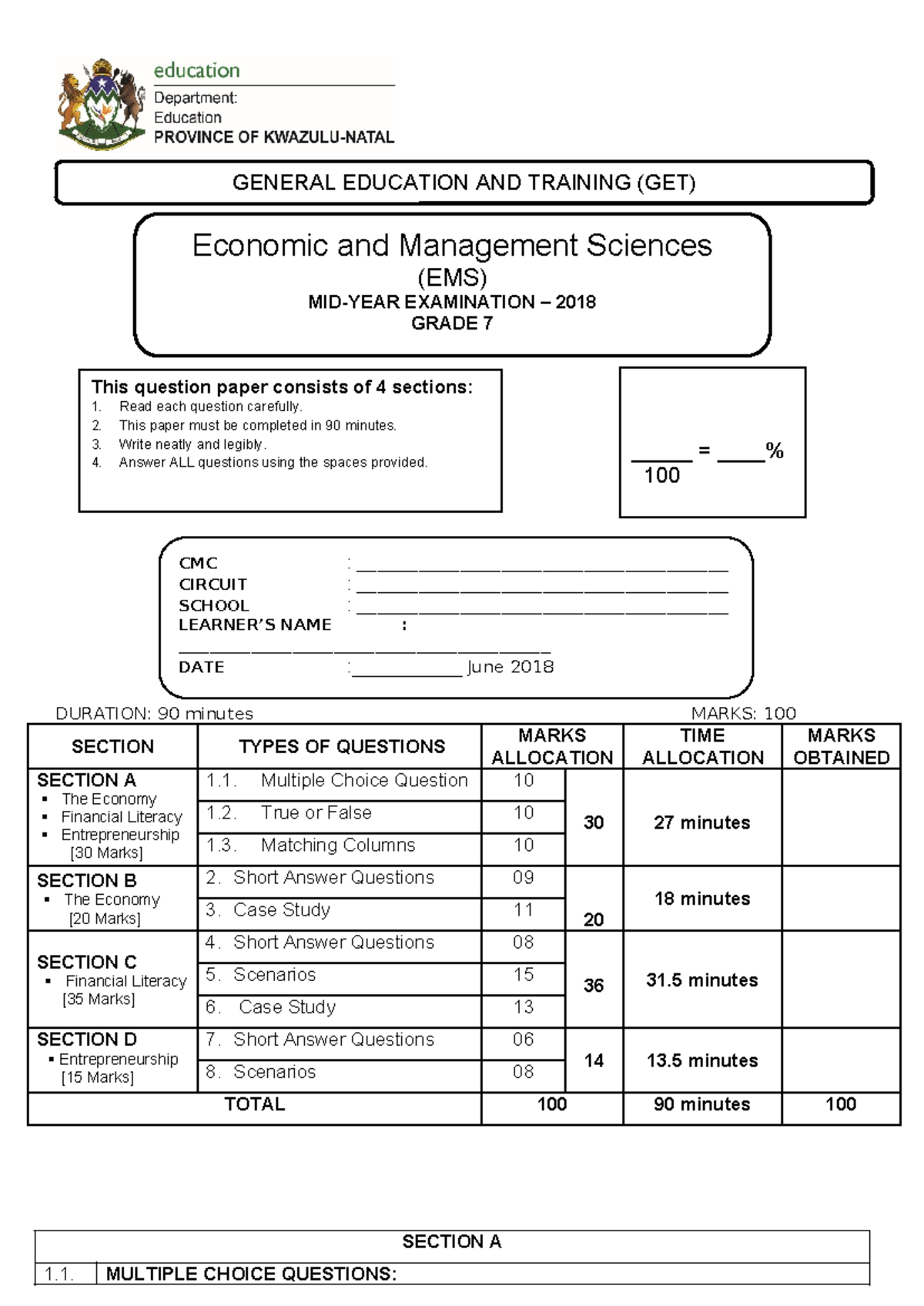 EMS GRADE 7 MID-YEAR EXAMINATION JUNE 2018 COMMON PAPER - Studocu