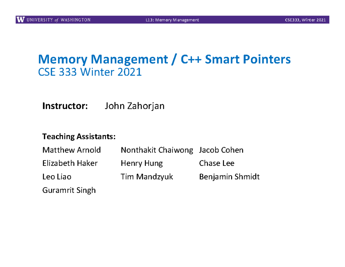13-c++-smartptr - assign - Memory Management / C++ Smart Pointers CSE ...
