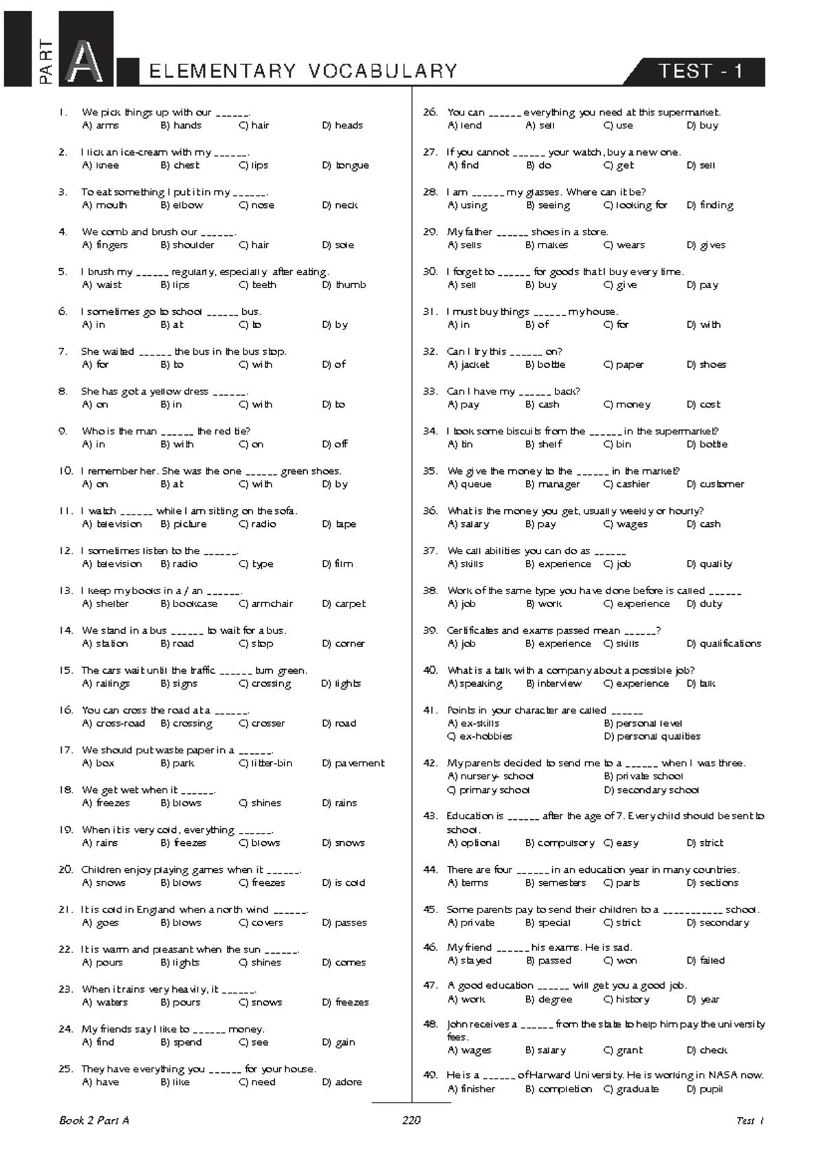 Elementary Vocabulary Tests & Answer Key (Part A) - Studocu