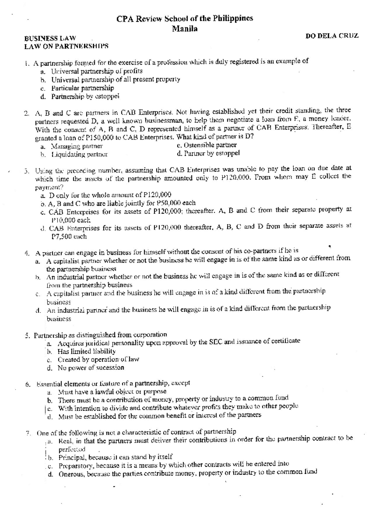LAW- Partnership: Comprehensive CPA Review Notes on Business Law - Studocu