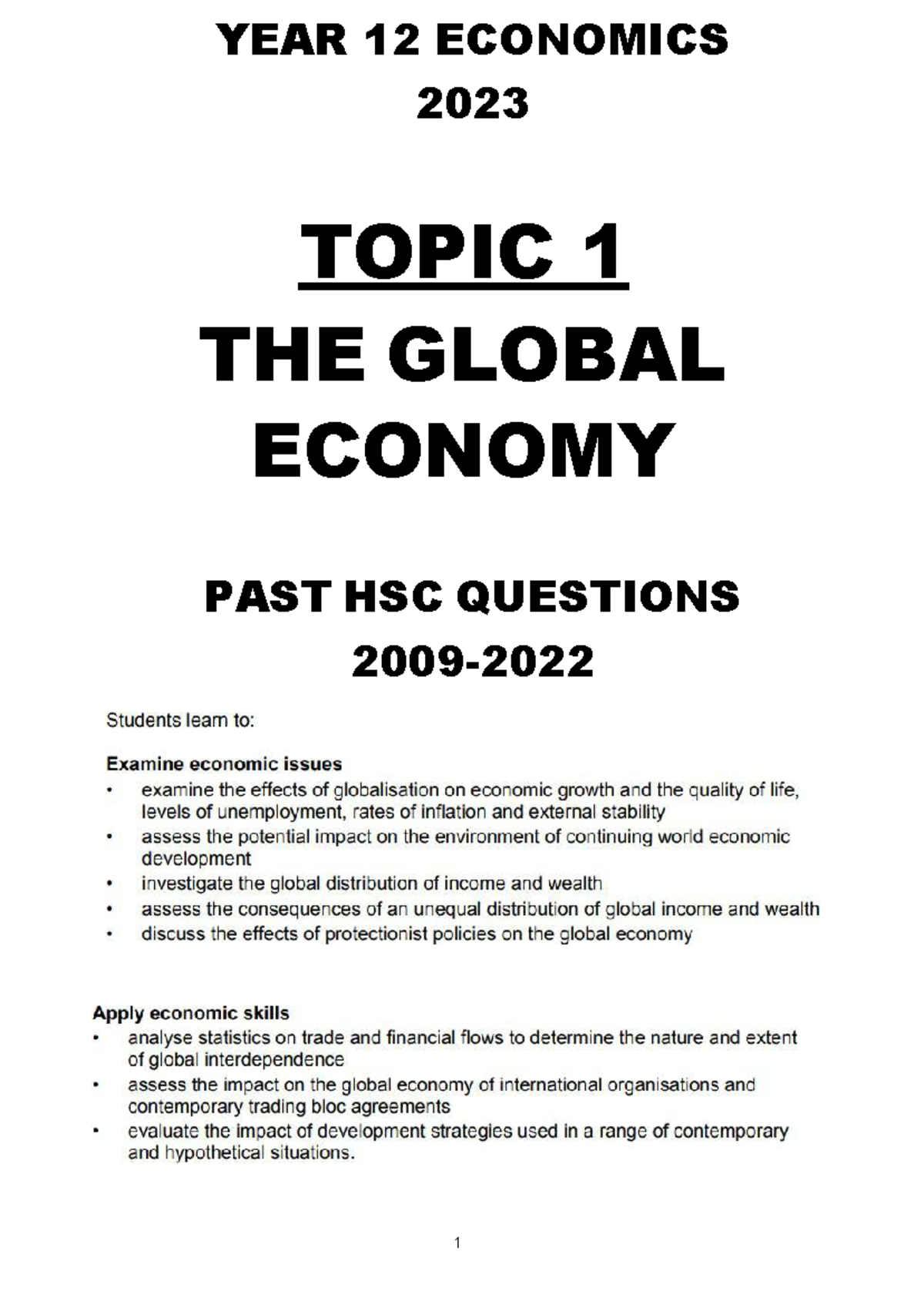YEAR 12 ECONOMICS 2023 TOPIC 1 PAST HSC QUESTIONS - Studocu