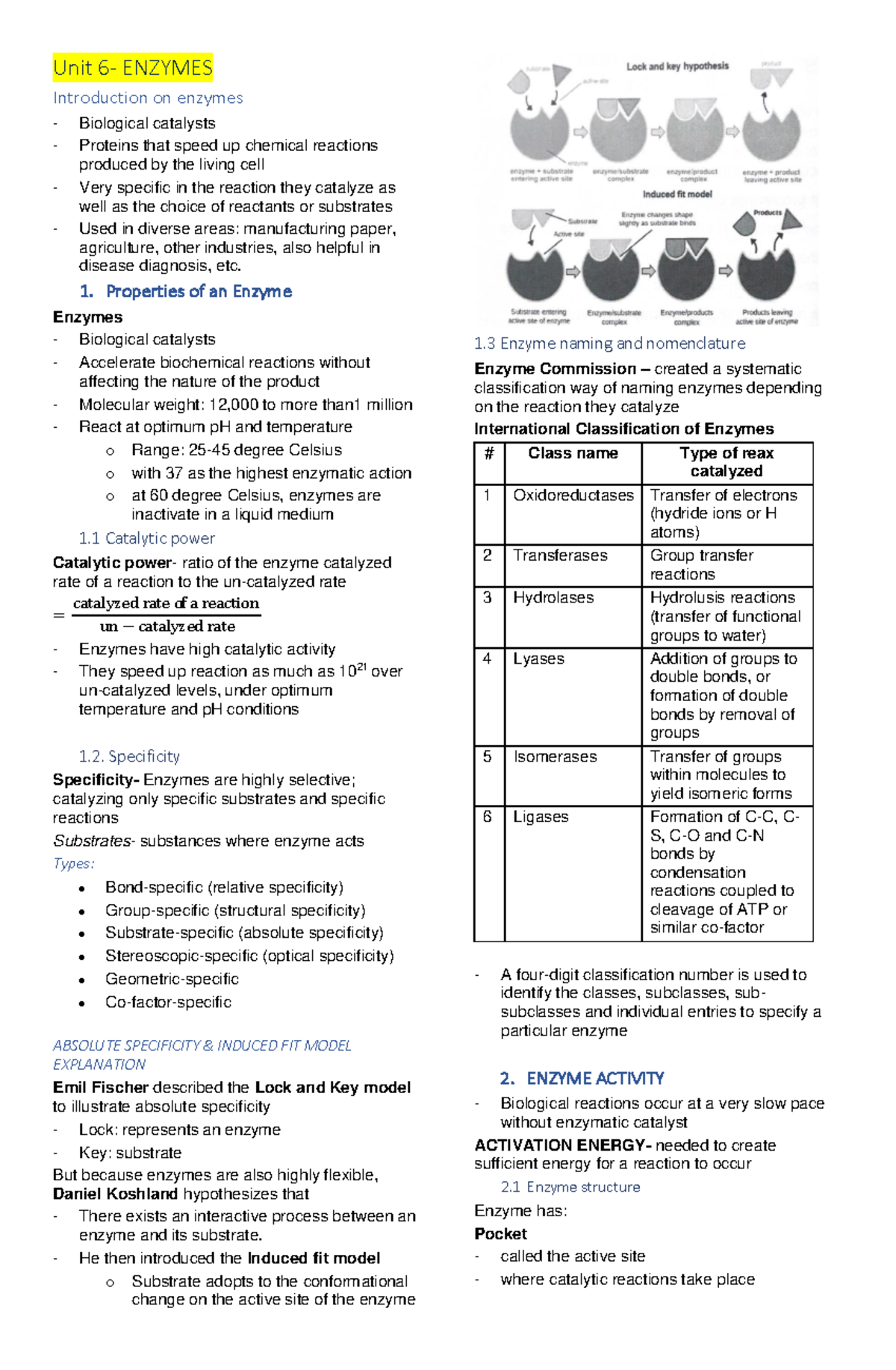 Biochem 101 Finals Exam: Comprehensive Enzyme Review Notes - Studocu