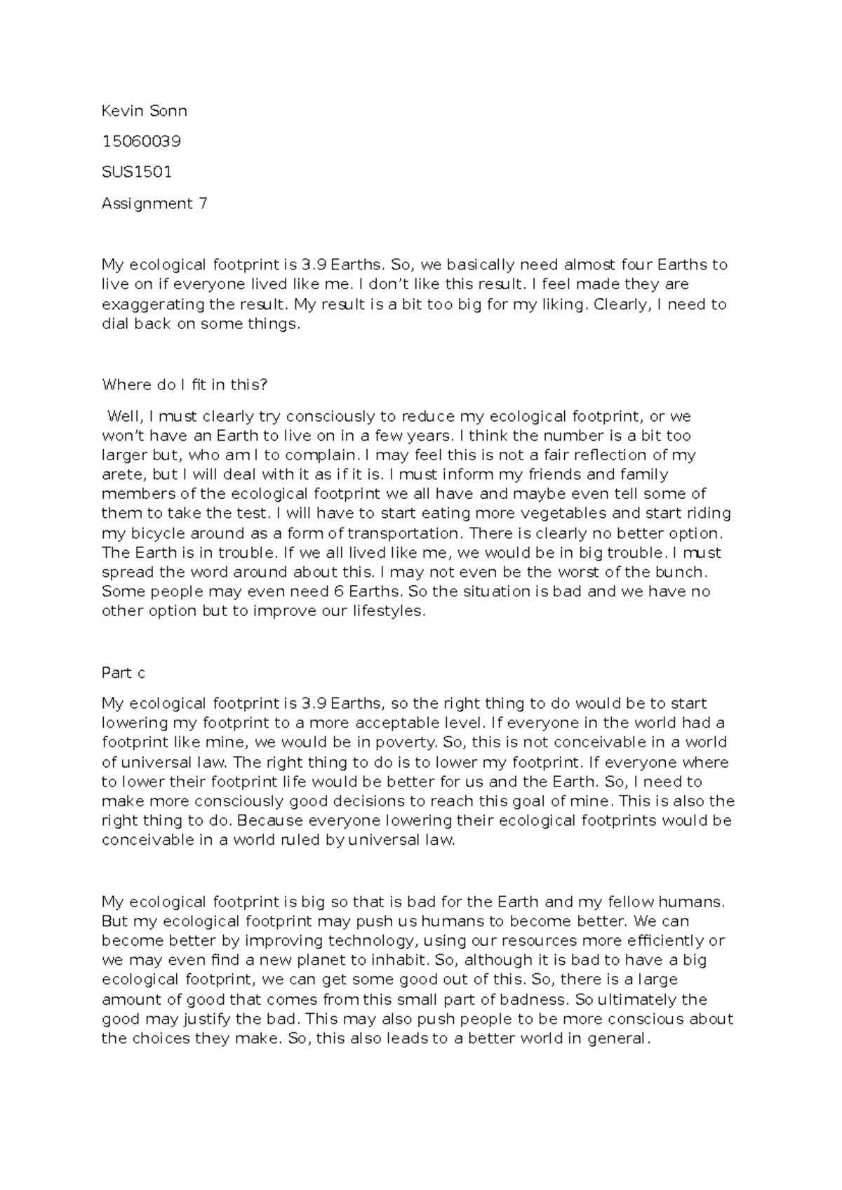 SUS 1501 Assignment 7: Reflections on My Ecological Footprint - Studocu