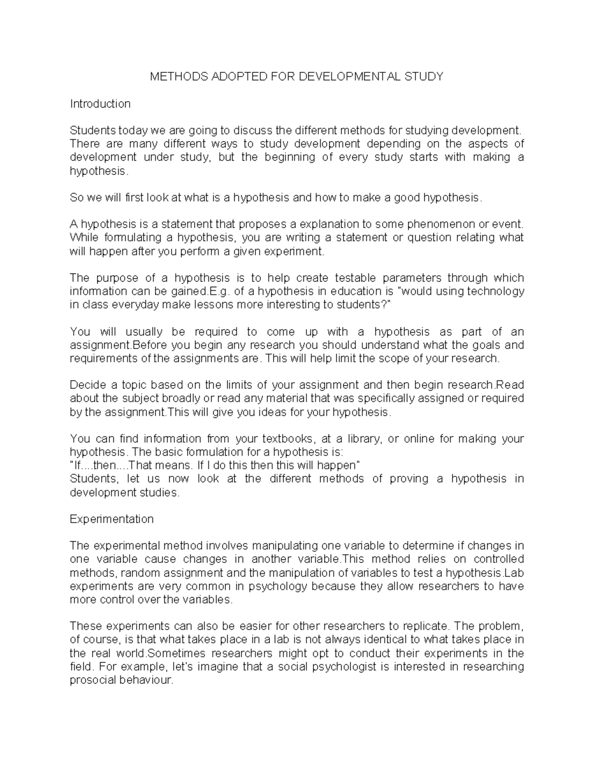 Methods for Developmental Study: Hypothesis & Data Collection ...