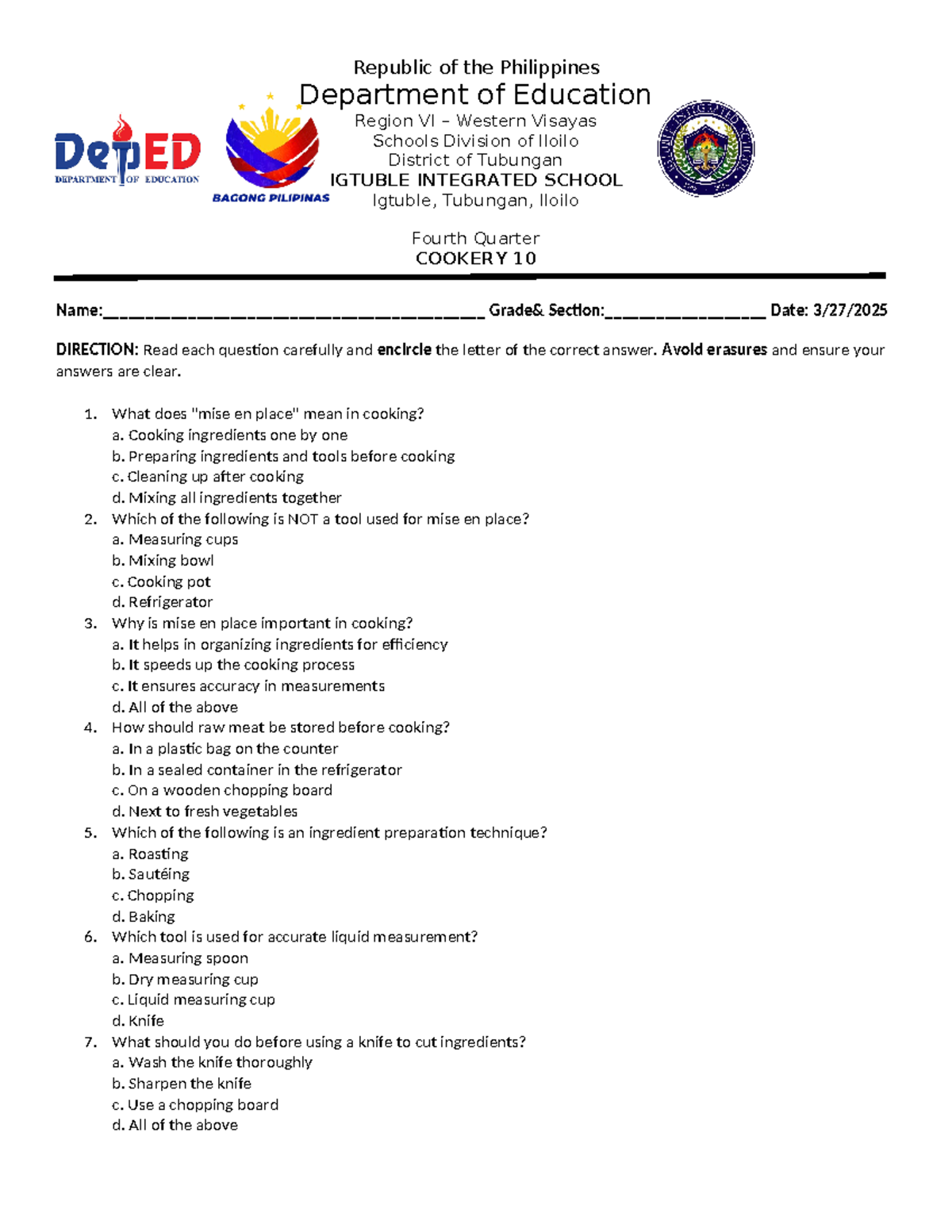 Cookery 10 Fourth Quarter Periodical Exam Review and Answer Key - Studocu