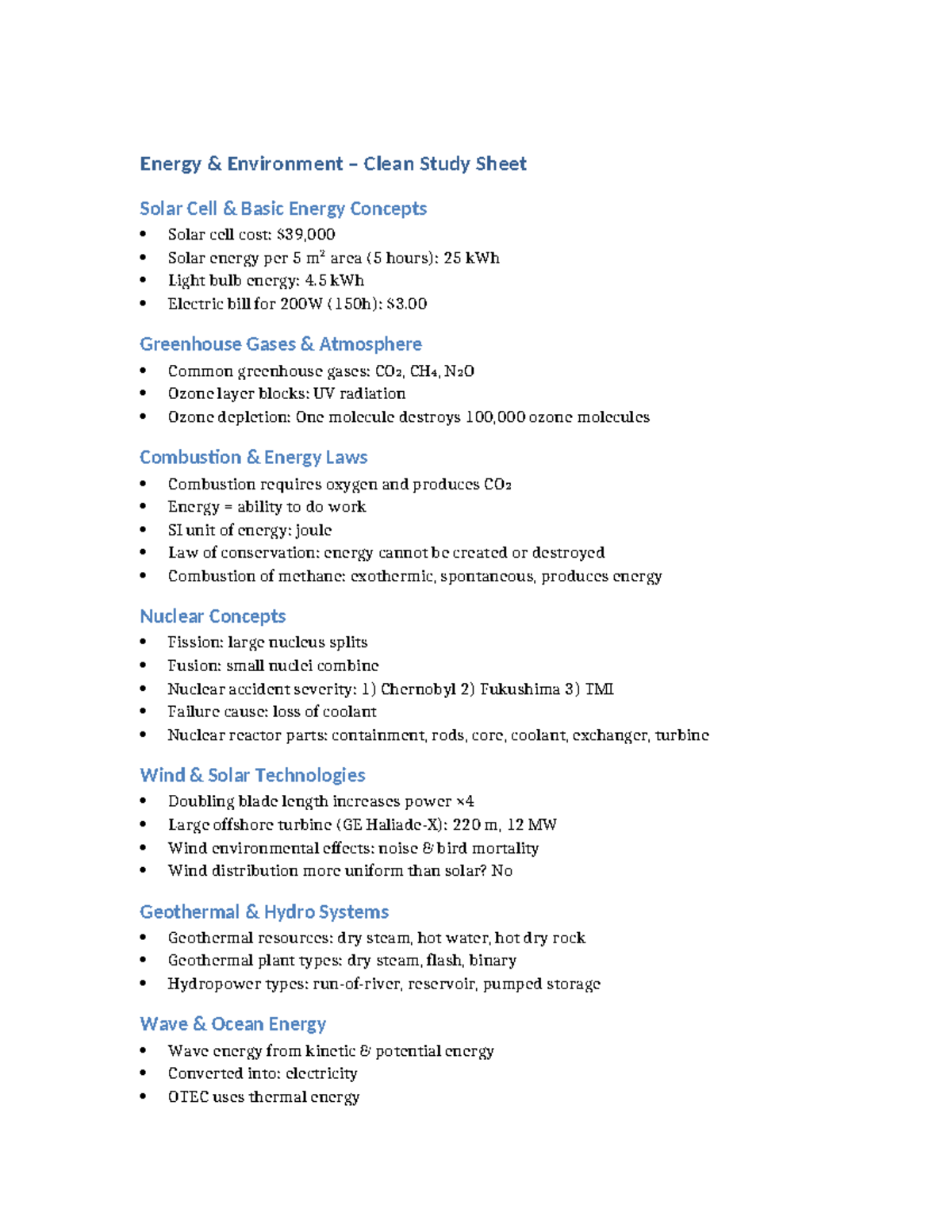 Energy Environment Study Sheet: Solar, Wind, and Nuclear Concepts - Studocu