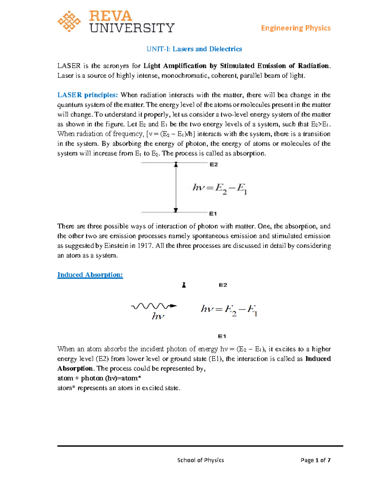 Engineering Physics: Unit 3 - Lasers Overview and Applications - Studocu