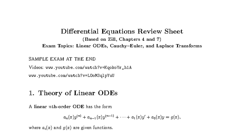 Differential Equations ODE Exam Review (Zill, Ch. 4 & 7) - Studocu