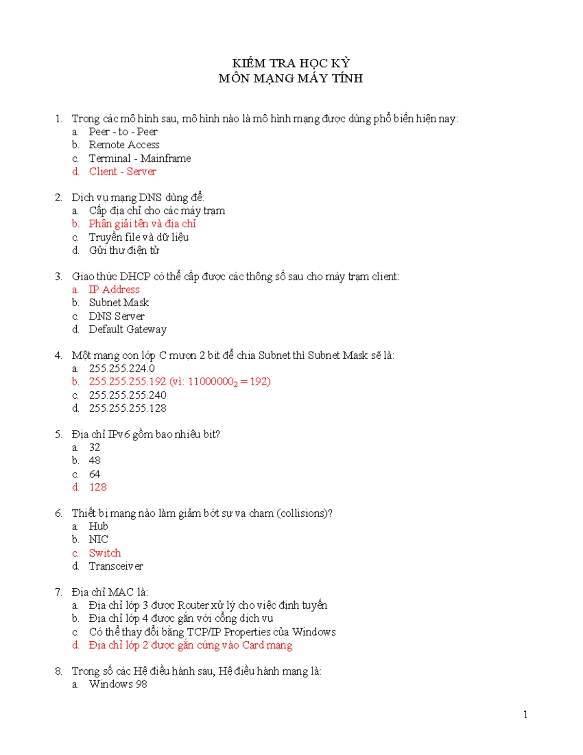 120 cau trac nghiem co dap an - KIỂM TRA HỌC KỲ MÔN MẠNG MÁY TÍNH Trong ...