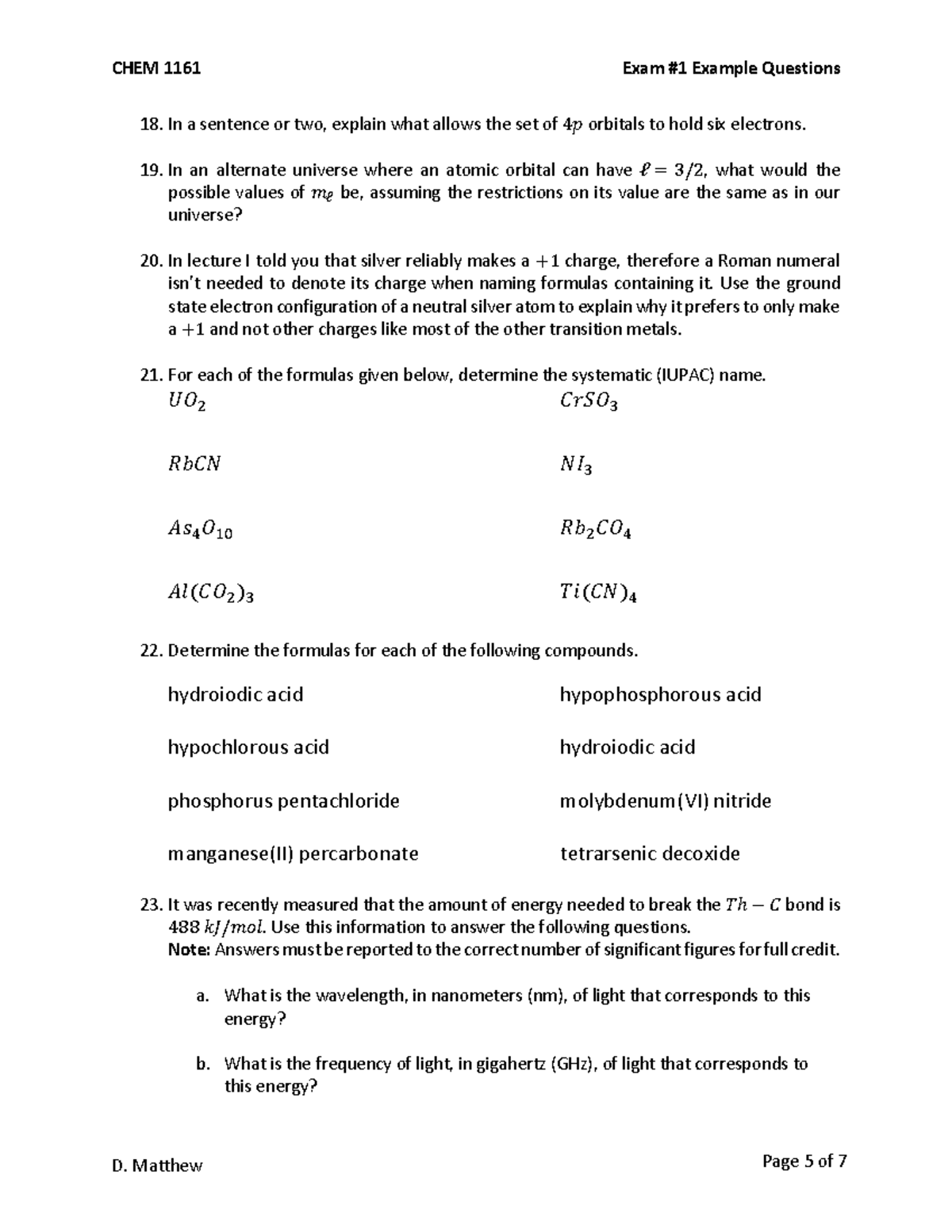 CHEM 1161 - Exam 1 Example Questions and Answers - Studocu