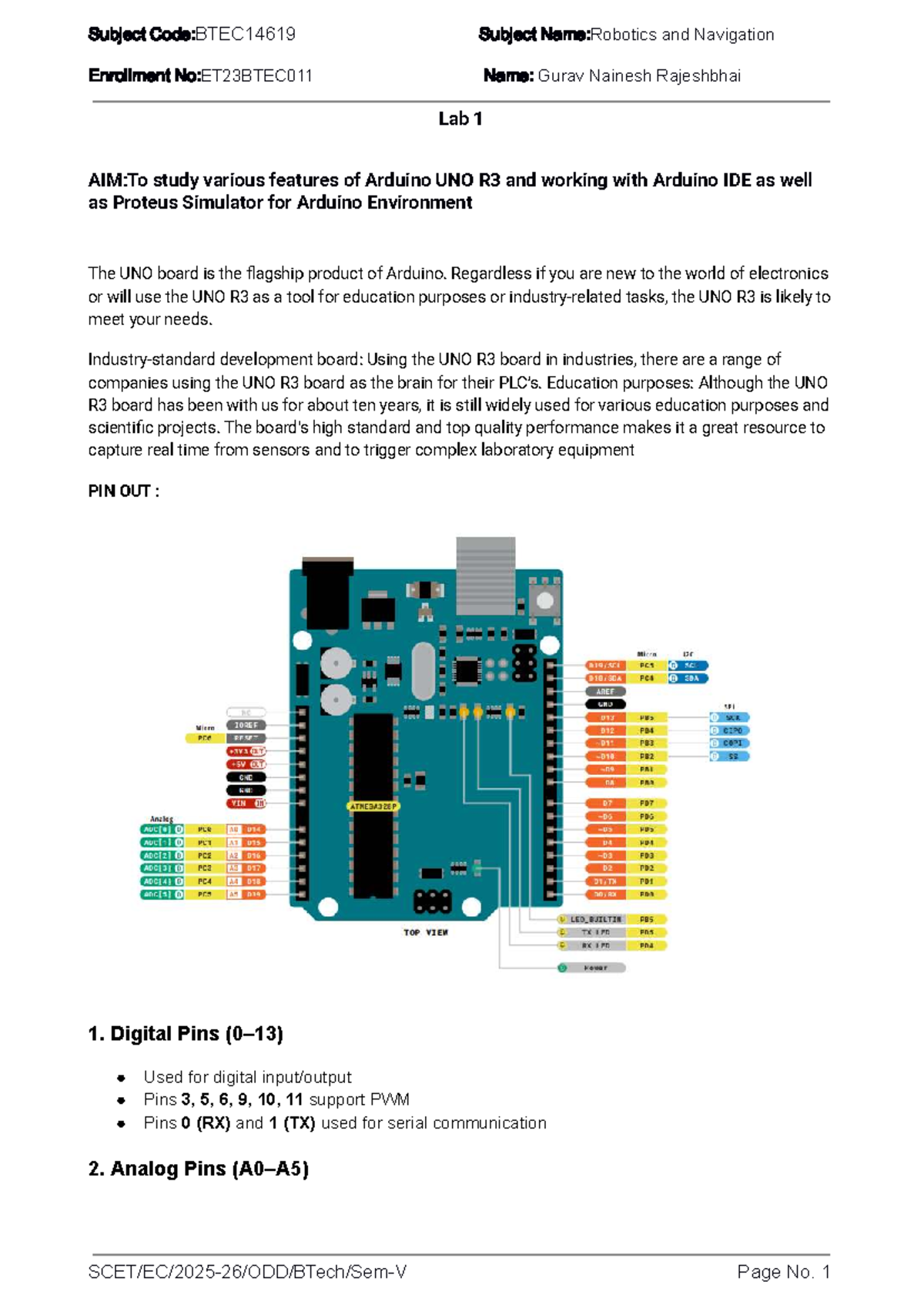BTEC14619 Robotics Lab 1: Exploring Arduino UNO R3 Features - Studocu