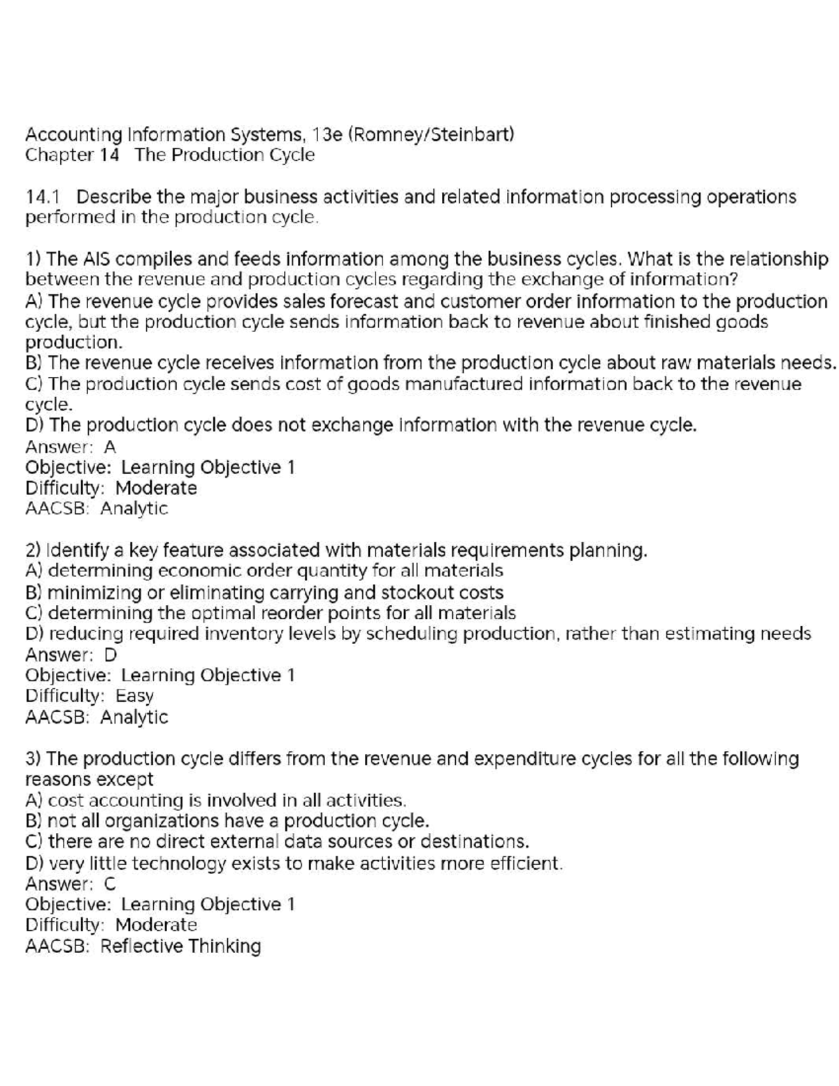 Romney AIS 13e Chapter 14 Production Cycle Test Bank - Studocu
