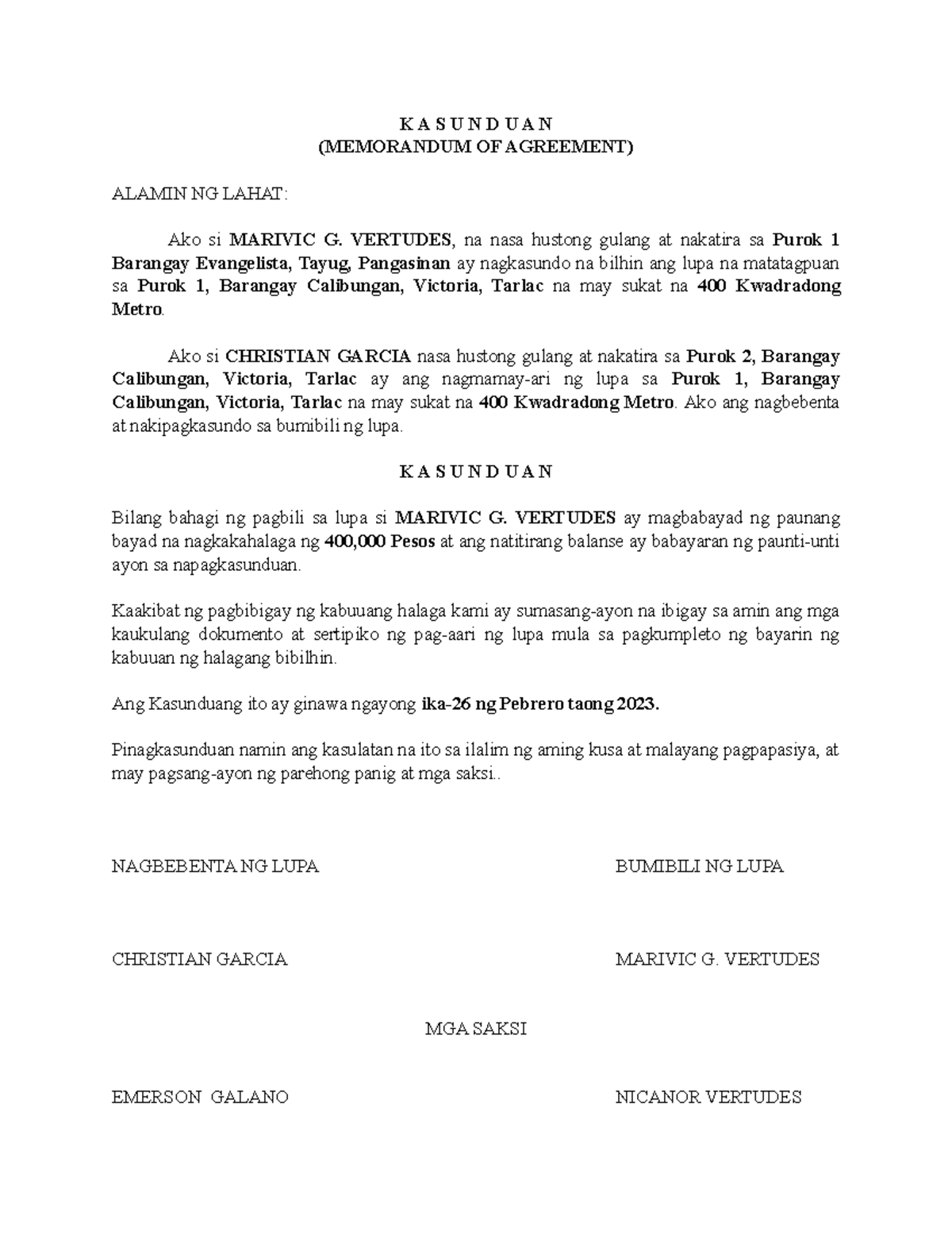 KASUNDUAN: Memorandum of Agreement on Land Purchase Contract - Studocu