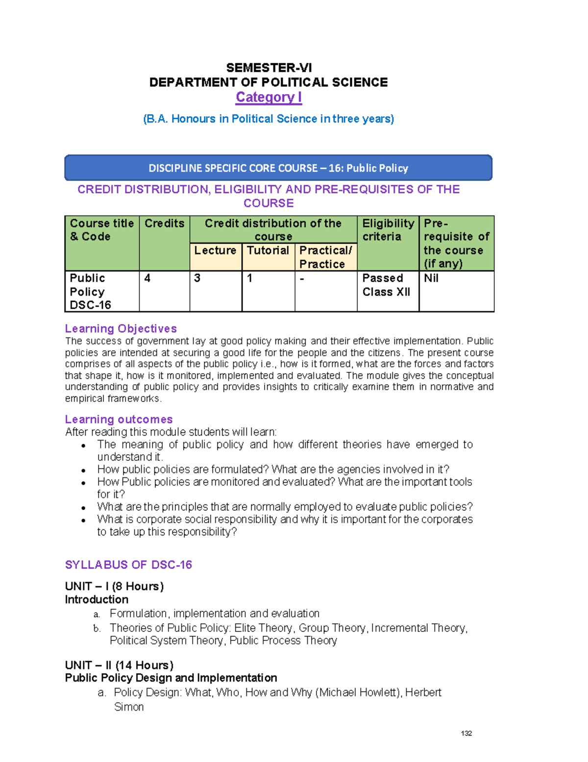 B.A. Political Science Syllabus: Core & Elective Courses (Sem VI) - Studocu