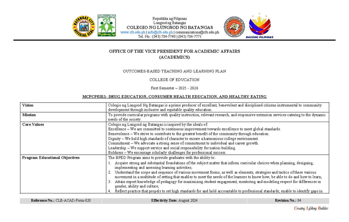 Mcpcpe 011 OBTL - Course Outline for Drug Education & Consumer Health ...