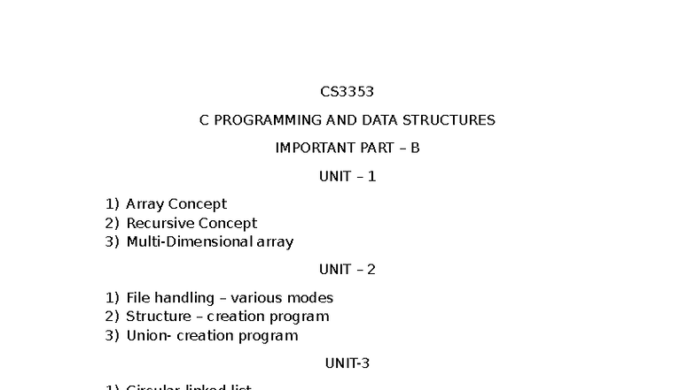 CS3353 - important concepts unit wise - CS C PROGRAMMING AND DATA ...
