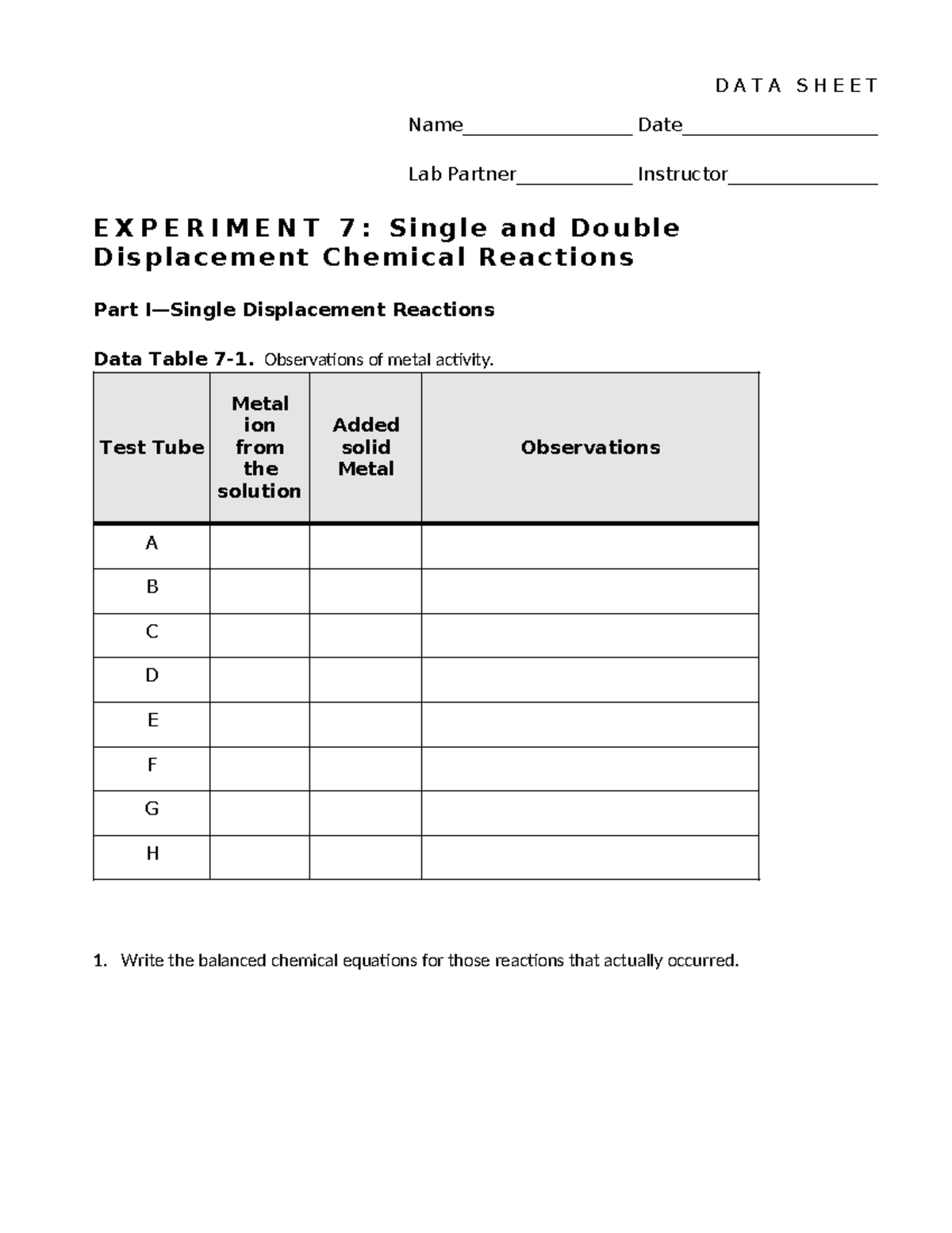 CHM1045L Exp 7: Single & Double Displacement Reactions Data Sheet - Studocu
